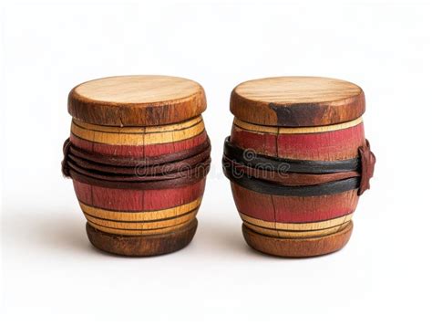 Pair Of Small Striped Barrel Drums On White Background Stock