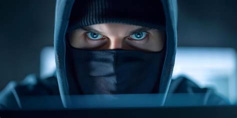 A Mysterious Hacker In A Mask Committing Cybercrime In A Dark Setting Concept Cybercrime
