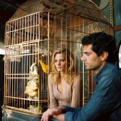 Premium Ai Image A Beautiful Woman Sits In A Golden Cage A Man Sits