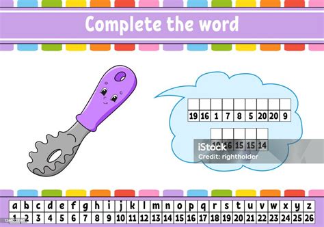 단어를 완료합니다 암호 코드 어휘와 숫자를 학습 교육 워크 시트 영어 공부를 위한 액티비티 페이지 격리된 벡터 그림입니다 만화 캐릭터 가로세로 낱말퍼즐에 대한 스톡 벡터