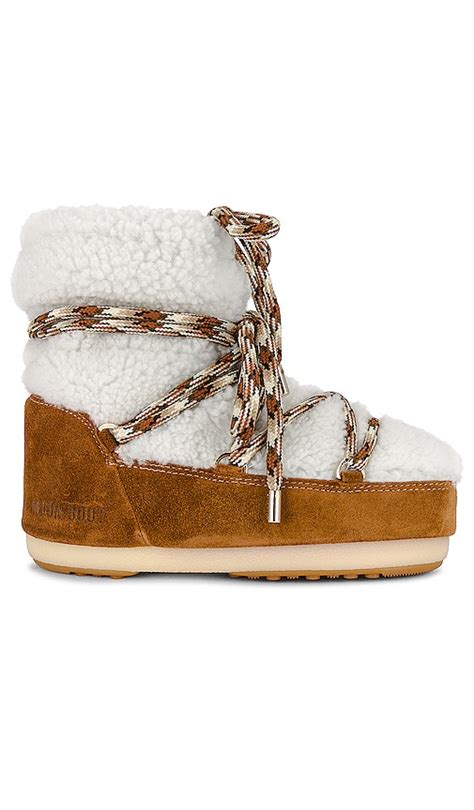 Moon Boot Low Shearling Boot In Whiskey And Off White Revolve