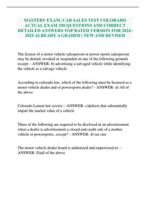 Mastery Exam Car Sales Test Colorado Actual Exam 250 Questions And Correct Detailed Answers Top