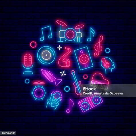 음악 아이콘이 있는 음악 네온 원 레이아웃 음악 축제 배너입니다 뮤지컬 스토어 로고 벡터 스톡 일러스트 바에 대한 스톡 벡터