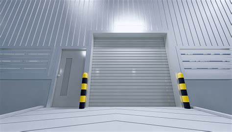 격납고 건물 외부 및 셔터 도어 및 야간 포장 벽돌 바닥의 3d 렌더링 0명에 대한 스톡 사진 및 기타 이미지 0명 3차원 형태 강철 Istock