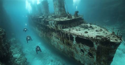 Exploring A Submerged Shipwreck With A Robot Submarine In The Deep Ocean Generative Ai Stock