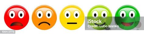 레드 오렌지 노란색 및 녹색 이모티콘 다른 색상의 3 차원 스마일 아이콘 들의 피드백 평가 규모 감정에 대한 스톡 벡터 아트 및 기타 이미지 Istock