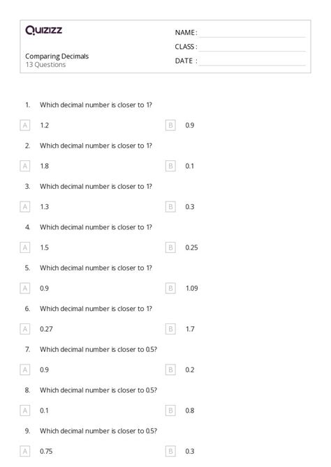 50 Comparing Decimals Worksheets For 6th Class On Quizizz Free And Printable