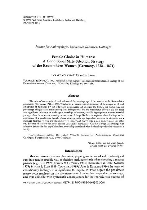 Pdf Female Choice In Humans A Conditional Mate Selection Strategy Of The Krummhörn Women