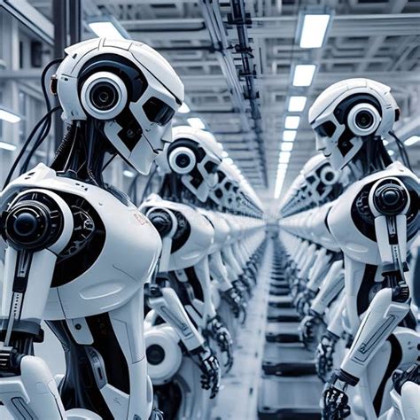 Robotics Factory With Rows Of Humanoid Robots Stock Illustration