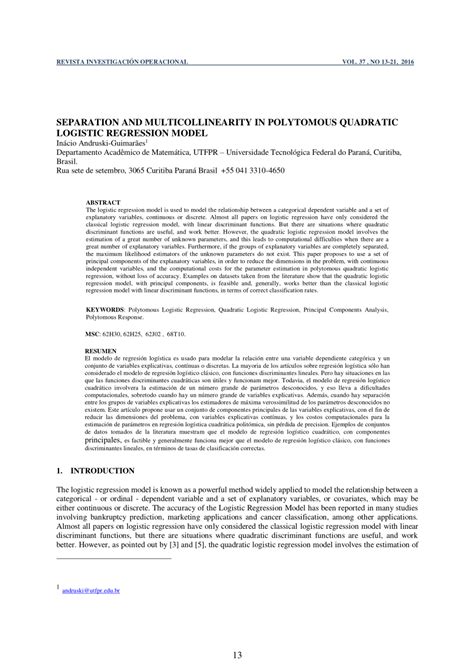 Pdf Separation And Multicollinearity In Polytomous Quadratic Logistic