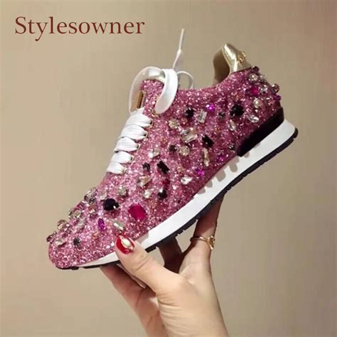 Stylesowner Luxury Rhinestones Sneakers Lace Up Bling Bling Mixed Color Flat Shoes Crystal
