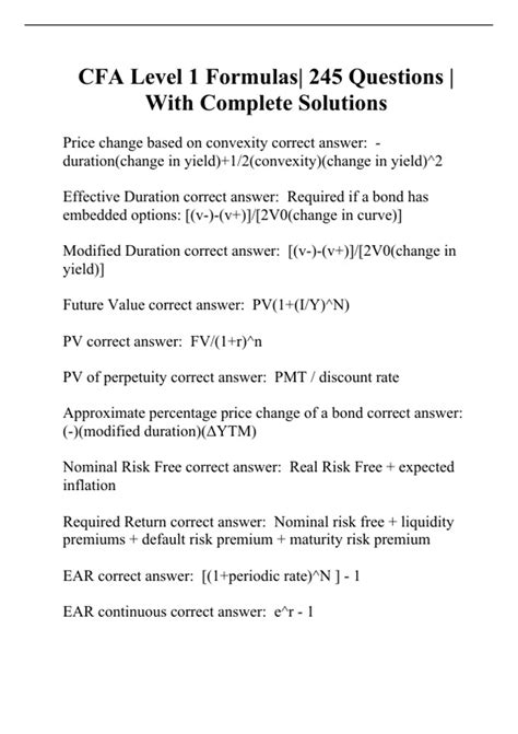 Cfa Level 1 Formulas 245 Questions With Complete Solutions Cfa