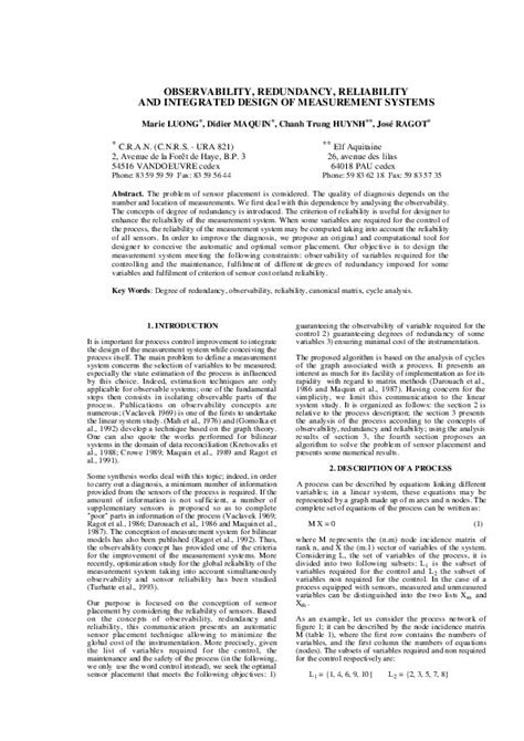 Pdf Observability Redundancy Reliability And Integrated Design Of Measurement Systems