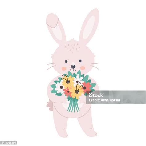 꽃다발이있는 귀여운 흰 토끼 안녕하세요 봄 봄 시간 봄 꽃 꽃을 가진 토끼 캐릭터 손으로 그린 벡터 일러스트 레이 션 2023년에 대한 스톡 벡터 아트 및 기타 이미지