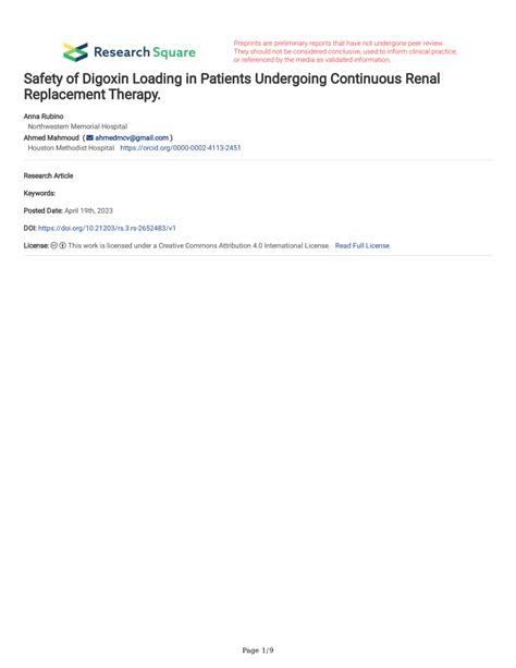 Pdf Safety Of Digoxin Loading In Patients Undergoing Continuous Renal