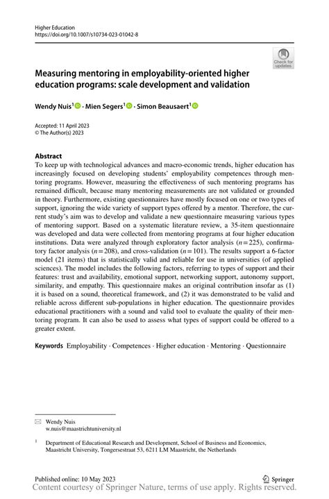 Pdf Measuring Mentoring In Employability Oriented Higher Education Programs Scale Development