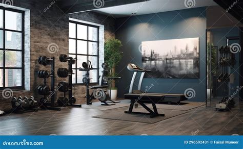 A Home Gym With Exercise Equipment And Motivational Wall Art Stock