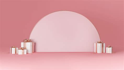 텍스트 가 있는 광고 제품 디자인을 위한 핑크 배경에 3d 렌더링 기프트 박스 포디움 받침대 0명에 대한 스톡 사진 및 기타