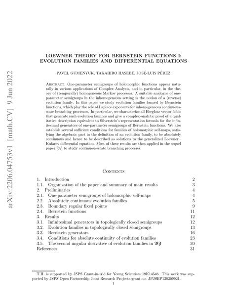 Pdf Loewner Theory For Bernstein Functions I Evolution Families And Differential Equations