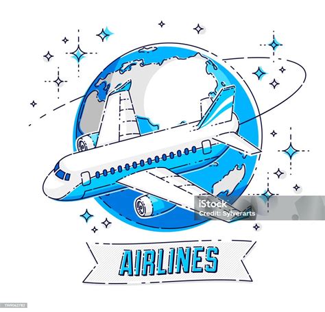 항공 여행 엠 블 럼 또는 그림 비행기 여객기 행성 지구와 리본을 입력 흰색 배경 위에 고립 된 아름 다운 얇은 라인 벡터 3차원 형태에 대한 스톡 벡터 아트 및 기타