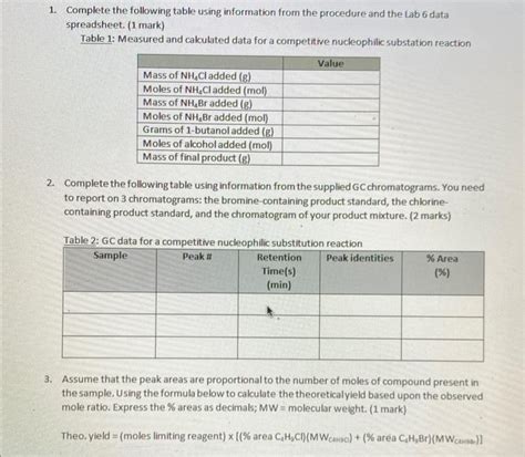 solved 1 complete the following table using information