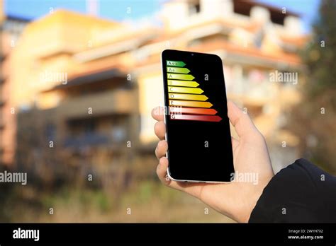 Energy Efficiency Rating On Smartphone Display Woman Holding Device