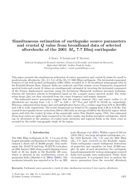 Pdf Simultaneous Estimation Of Earthquake Source Parameters And Crustal Q Value From Broadband