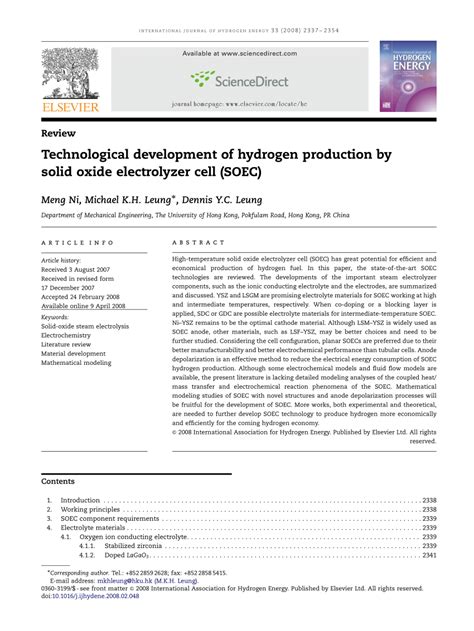 Pdf Technological Development Of Hydrogen Production By Solid Oxide Electrolyzer Cell Soec