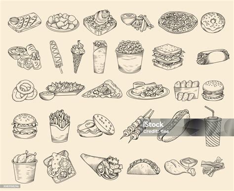 손으로 그린 패스트 푸드 일러스트 벡터 스케치 길거리 음식의 고립 된 그림 세트 감자 요리에 대한 스톡 벡터 아트 및 기타 이미지 Istock