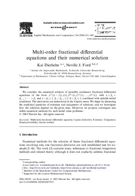 Pdf Multi Order Fractional Differential Equations And Their Numerical
