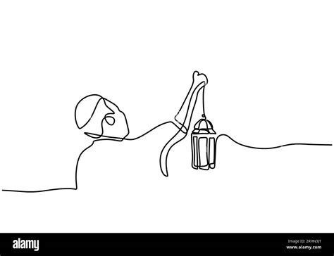 One Continuous Single Line Of Man Bring Lantern Isolated On White Background Stock Vector Image