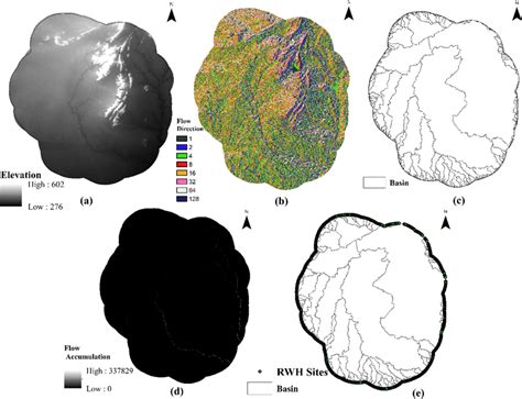 A Fill Dem B Flow Direction Map C Basin D Flow Accumulation E