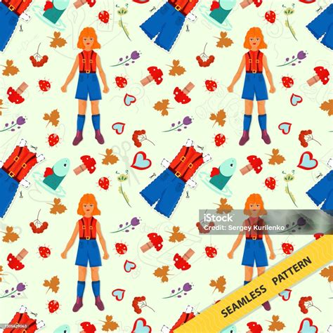 그림에 무작위로 배열 낙서 어린 소녀 십대 오렌지 탱크 탑과 파란색 반바지의 스타일로 다양한 디자인 배경과 인쇄를 장식하기위한 매끄러운 패턴 그림 Fashion Show에