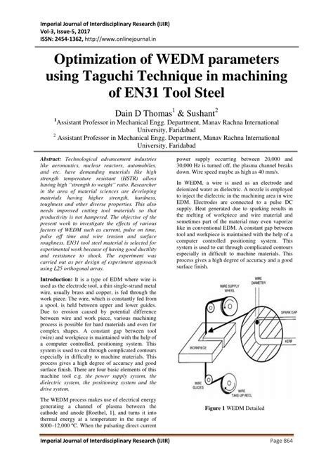 Pdf Optimization Of Wedm Parameters Using Taguchi Technique In Machining Of En31 Tool Steel