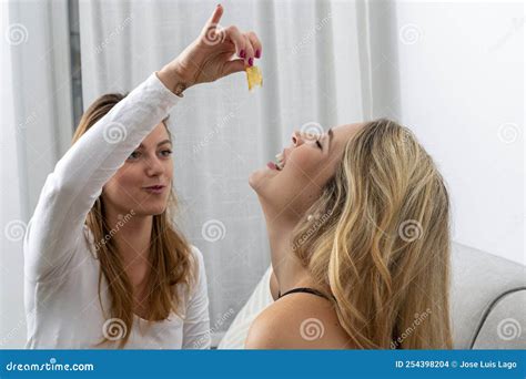 Lesbian Playing Feed Her Girlfriend Stock Photo Image Of Emotion Horizontal
