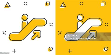 코믹 스타일의 벡터 만화 에스컬레이터 엘리베이터 아이콘 에스컬레이터 사인 일러스트 픽토그램 엘리베이터 비즈니스 스플래시 효과