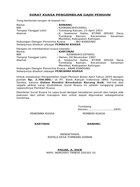 Surat Kuasa Ambil Gaji Pensiun 2025 Pdf