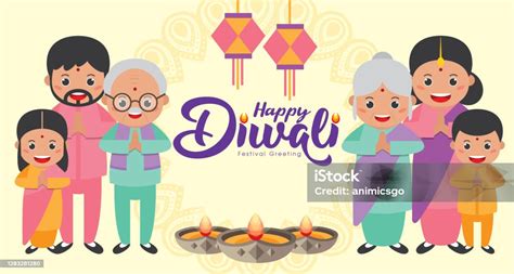 디왈리 또는 디파발리 플랫 벡터 일러스트레이션에서 캔딜 와 귀여운 만화 인도 가족과 조명 배너 템플릿의 축제 디왈리에 대한 스톡 벡터 아트 및 기타 이미지 Istock