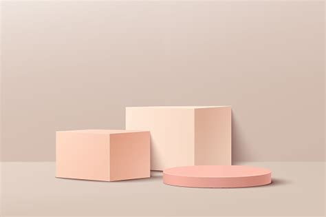 받침대 연단이있는 3d 추상 스튜디오 룸 조명과 그림자파스텔 핑크와 라이트 베이지 색 기하학적 플랫폼 화장품 시연을 위한 최소한의 장면 쇼케이스 프로모션 디스플레이 메달