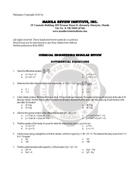 Differential Equations Handout Philippine Copyright 202 4 By Manila