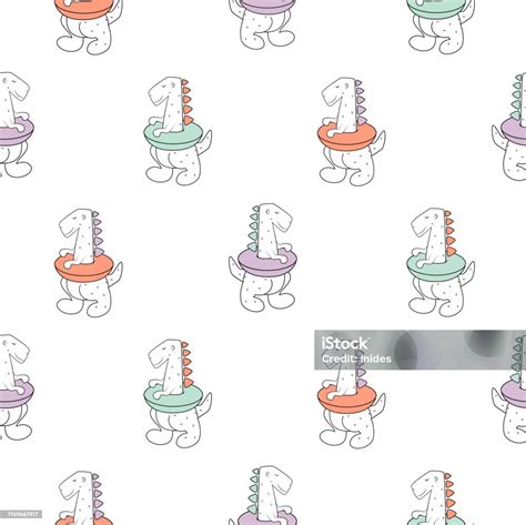 라이프 부 표 낙서 스타일의 완벽 한 패턴에서 귀여운 Dino아사 르 옷 직물과 벽지에 대 한 손으로 그려진 된 아기 패턴입니다 공룡에 대한 스톡 벡터 아트 및 기타 이미지