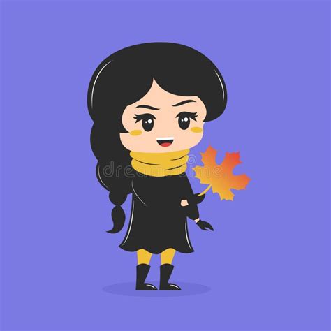 Chibi Style Girl Character With Maple Leaf Vector Illustration In Flat Style Stock Vector