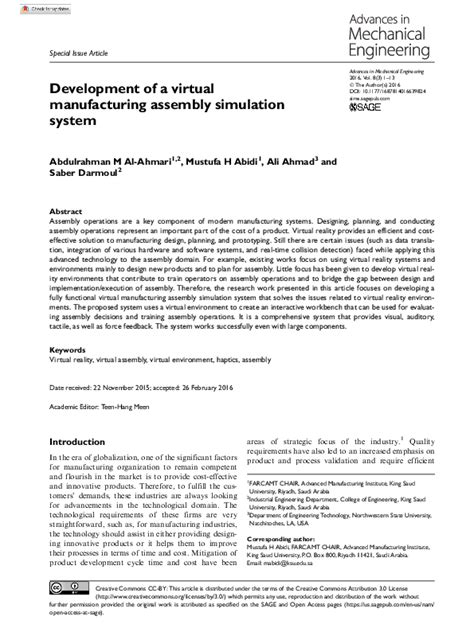 Pdf Development Of A Virtual Manufacturing Assembly Simulation System