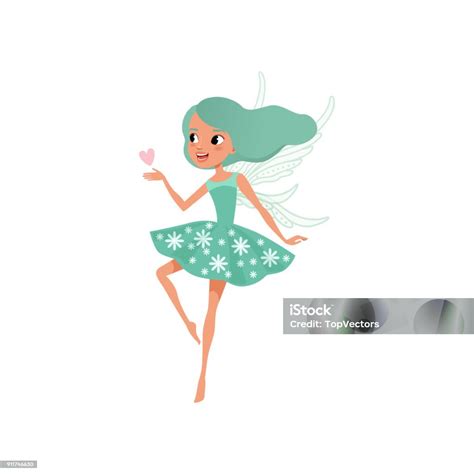 요정 캐릭터를 만화 귀여운 드레스를 입고 긴 청록색 머리를 가진 아름 다운 소녀 상상의 동화 창조물입니다 엽서 스티커 또는 어린이의 책에 대 한 평면 벡터 귀여운에 대한