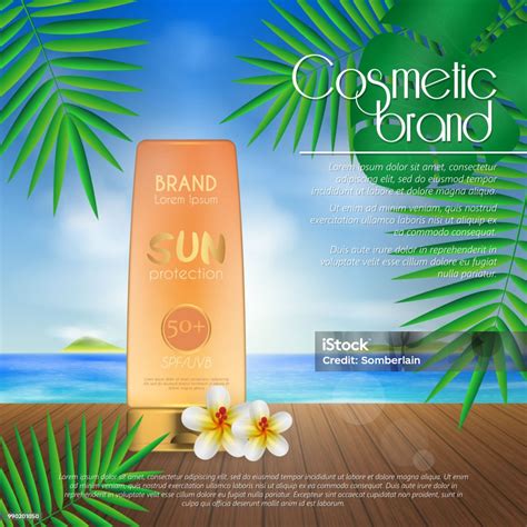 이국적인 야자수와 해변 배경에 여름 선크림 화장품 디자인 서식 파일 나뭇잎 3d 현실 태양 보호와 제품 광고입니다 3차원 형태에