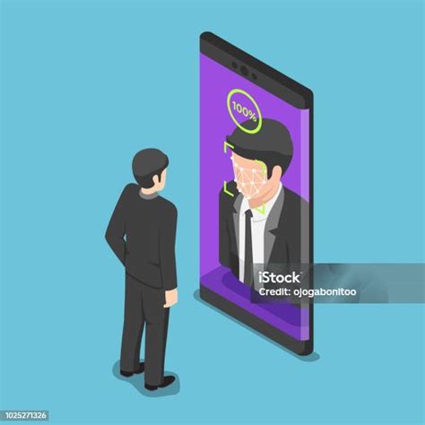 아이소메트릭 사업가 사용 얼굴 Scaning 스마트폰 잠금을 해제 안면 인식 기술에 대한 스톡 벡터 아트 및 기타 이미지 안면 인식 기술 등측투영법 3차원 형태