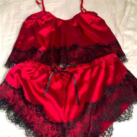 Red Lingerie With Black Lace Trim Size S