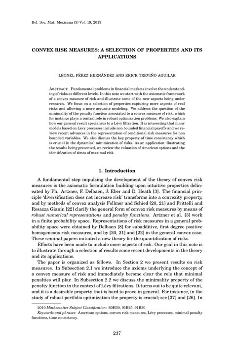 Pdf Convex Risk Measures A Selection Of Properties And Its Applications