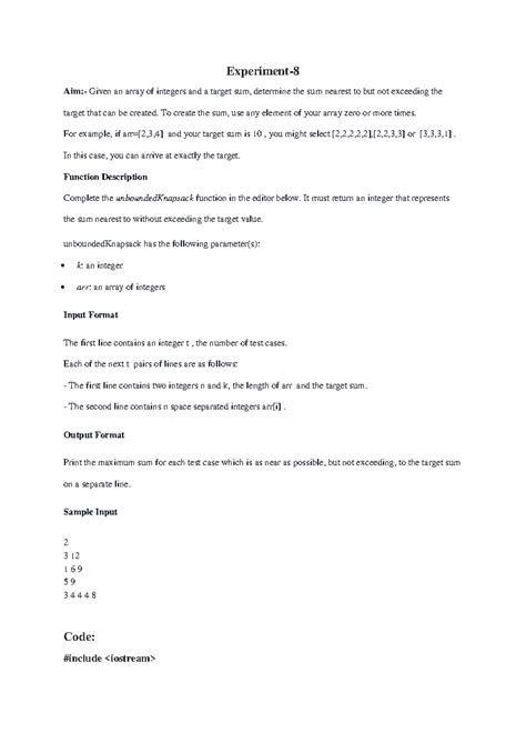 Experiment 8 Experiment 8 Experiment Aim Given An Array Of Integers And A Target Sum