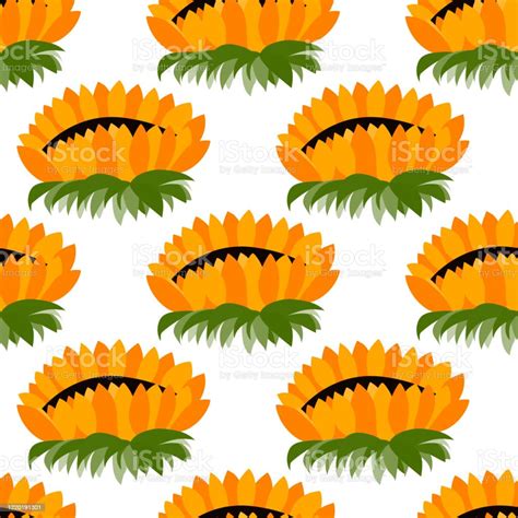 흰색 배경에 오렌지 해바라기와 여름 다채로운 원활한 패턴입니다 만화 스타일입니다 직물 섬유 포스터 카드 종이를 위한 디자인 아름다움 꽃입니다 벡터 그림입니다 0명에 대한